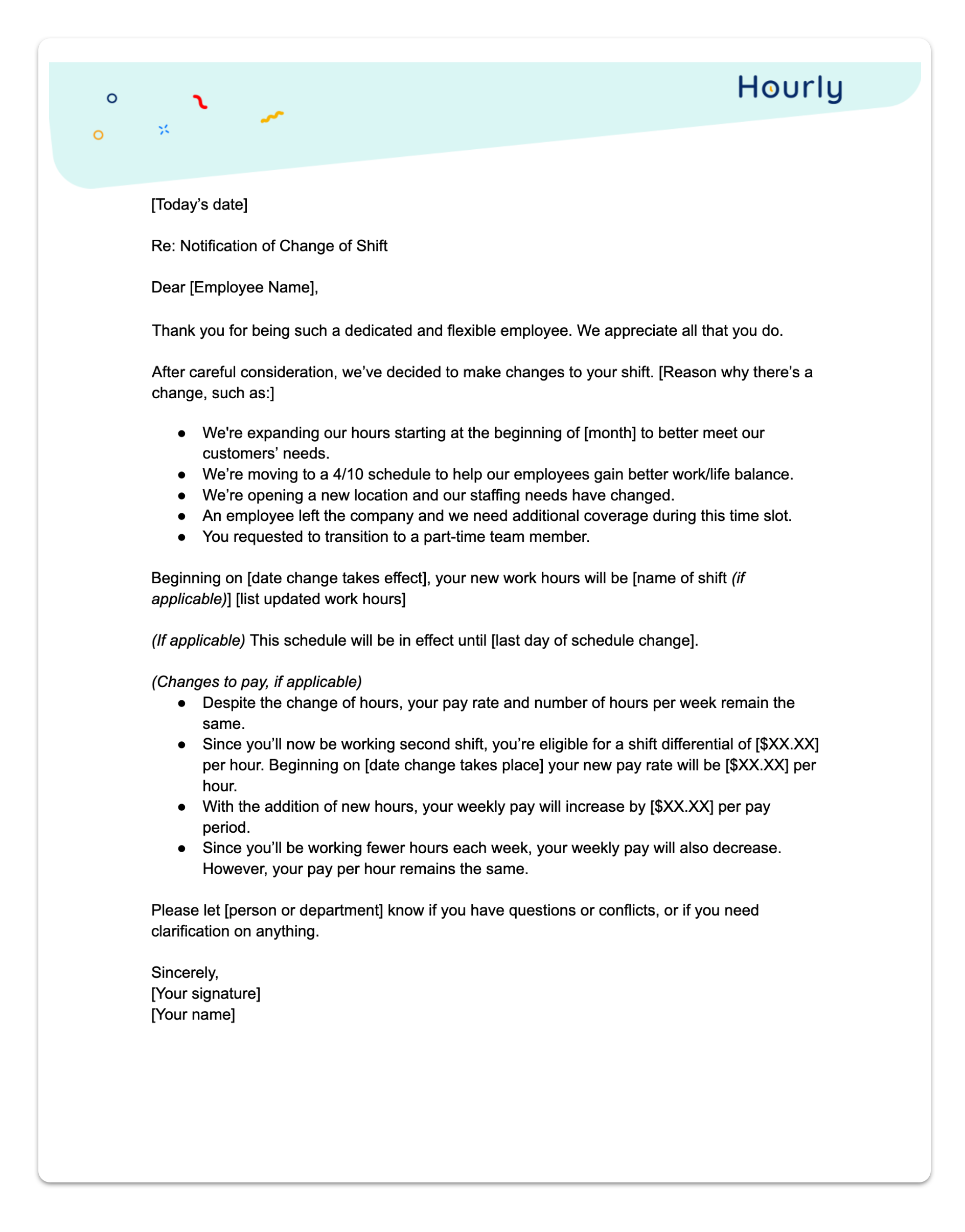 Work Schedule Change Notice Letter Template For Businesses Hourly Inc 